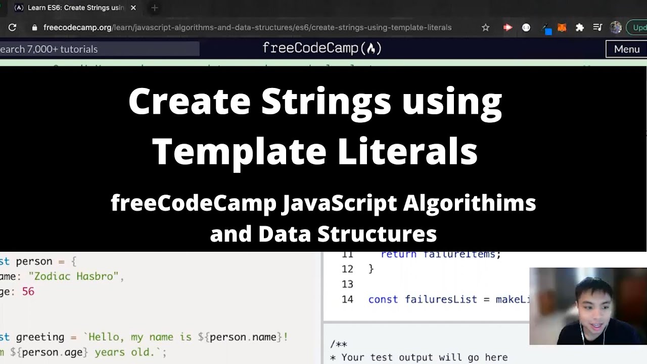 Create Strings using Template Literals (ES6) freeCodeCamp tutorial