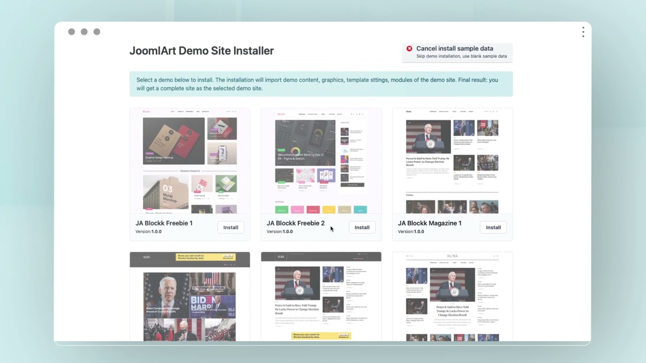 JA Blockk Joomla template 1-click demo installer