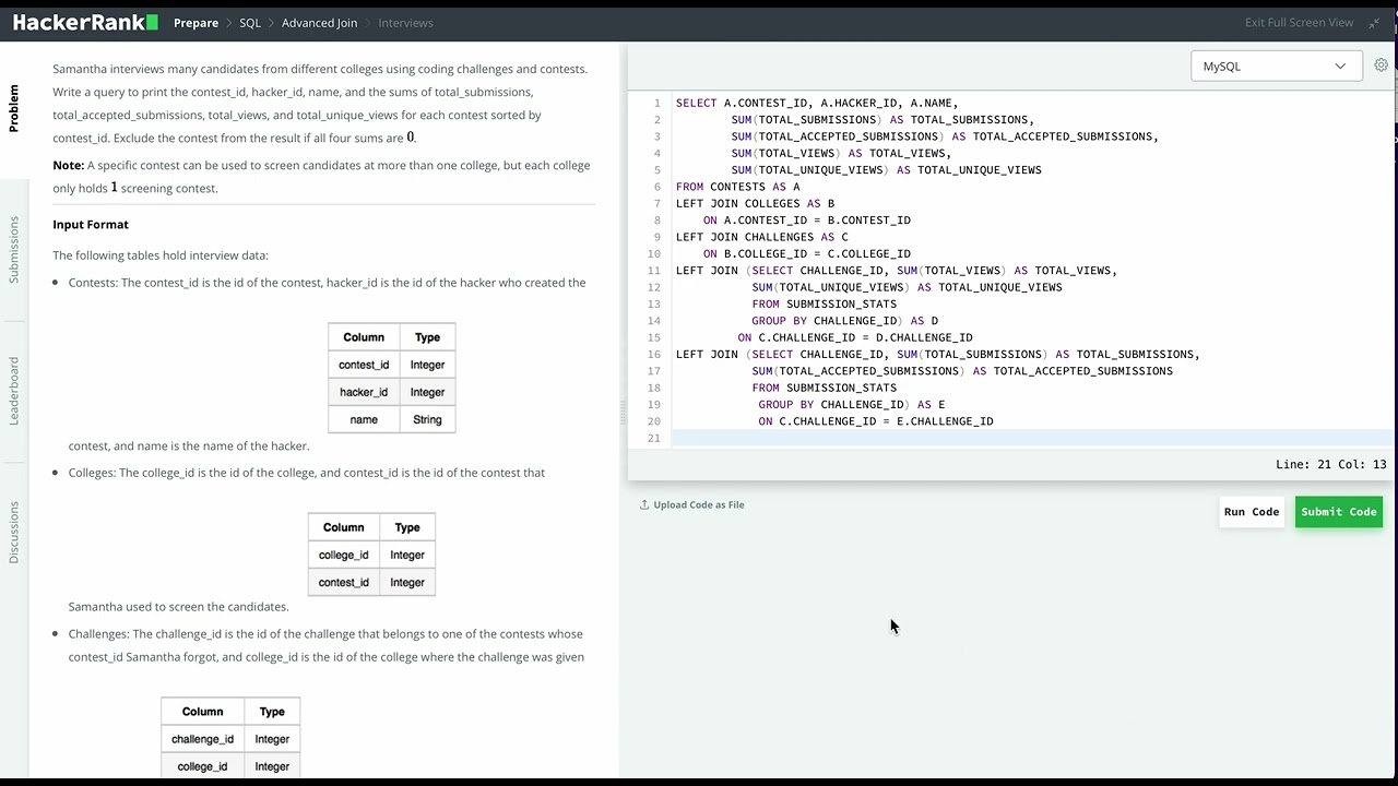 Hackerrank SQL Solution #13 Intermediate SQL - Interviews
