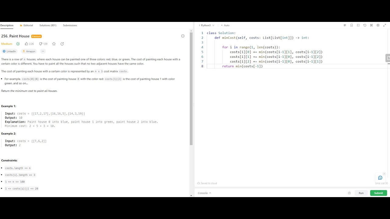 LinkedIn Interview Question - Paint House- Leetcode 256- Python