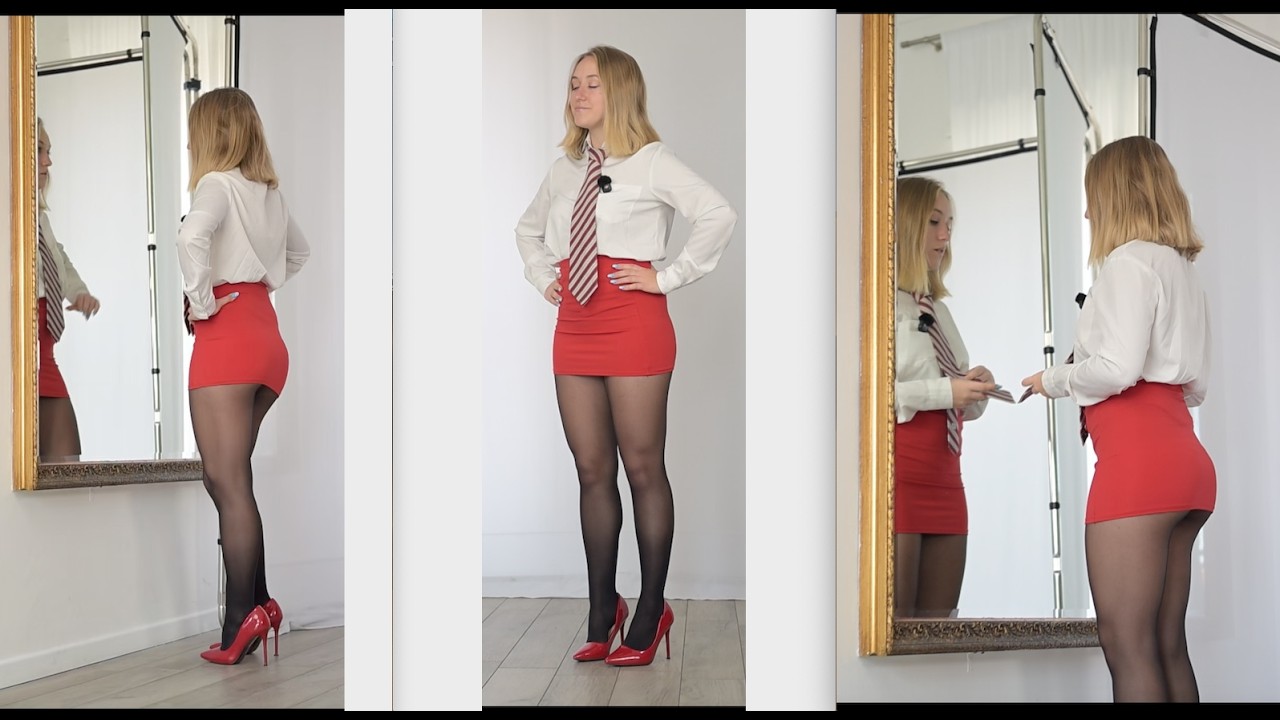 OFFICE COLLEGE LOOKBOOK TRY ON : Pantyhose, Stockings, Tights, Mini Skirt, ARMANI tie (4K)