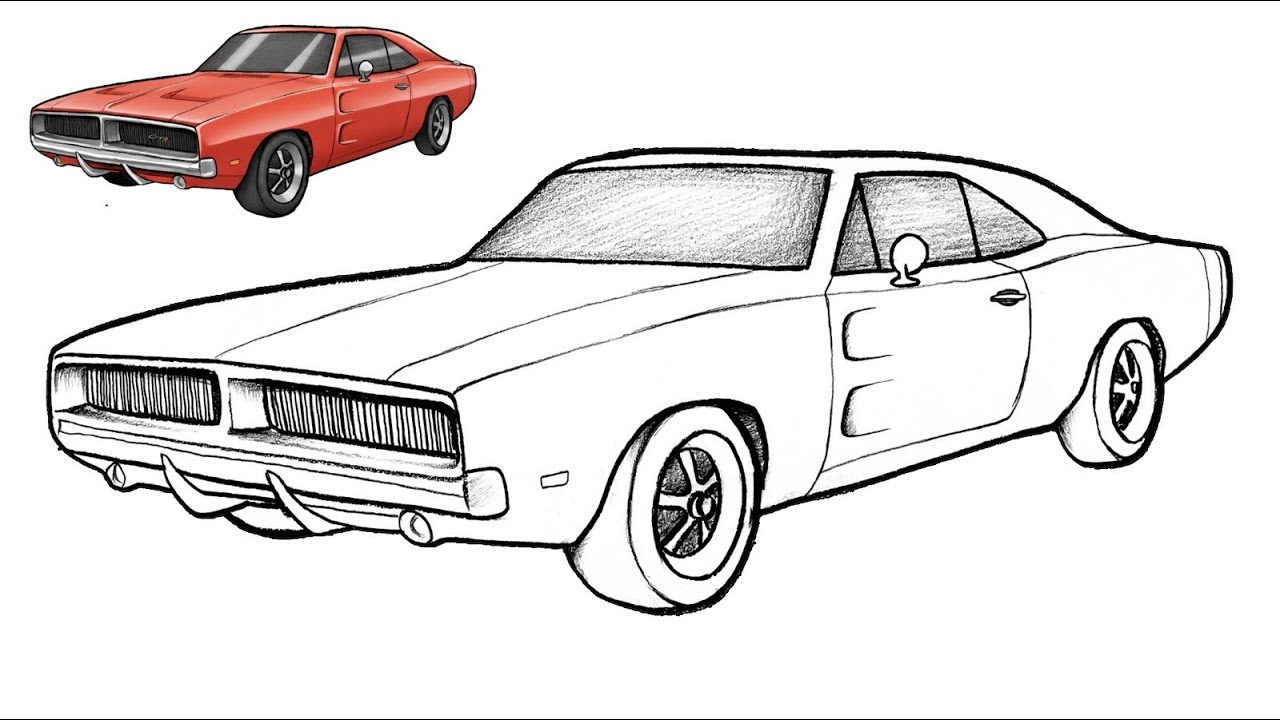 How to Draw Dodge Charger R/T 1969 | Easy Pencil Muscle Car Drawing Tutorial