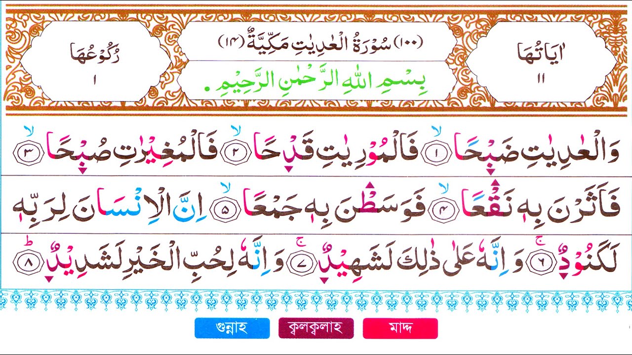 Surah Al Adiyat Full Beautiful Recitation سورة العاديات HD Text The Courser