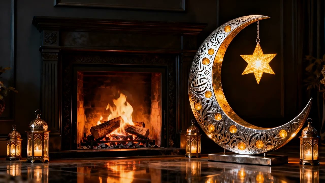 🌙| Ramadan 2026 Wallpaper with Fireplace Wood أجواء رمضان 2026 الدافئة مع فوانيس ومدفأة حطب