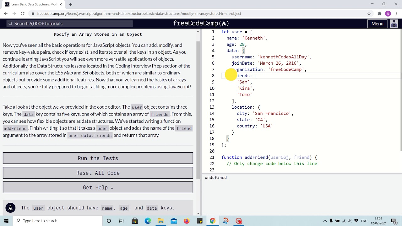 Tutorial 20 - modify an array stored in object - freecodecamp