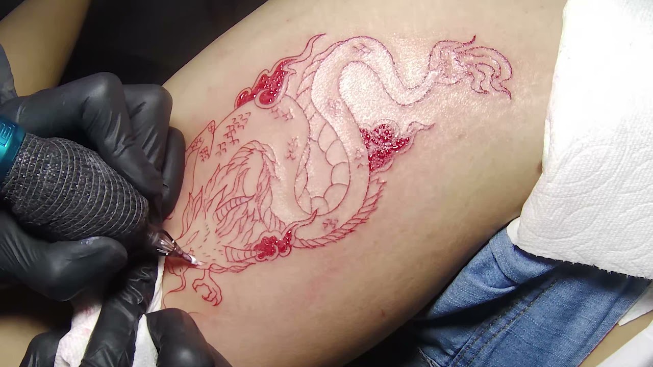 Red Dragon Lines Semi Tattoo Time Lapse