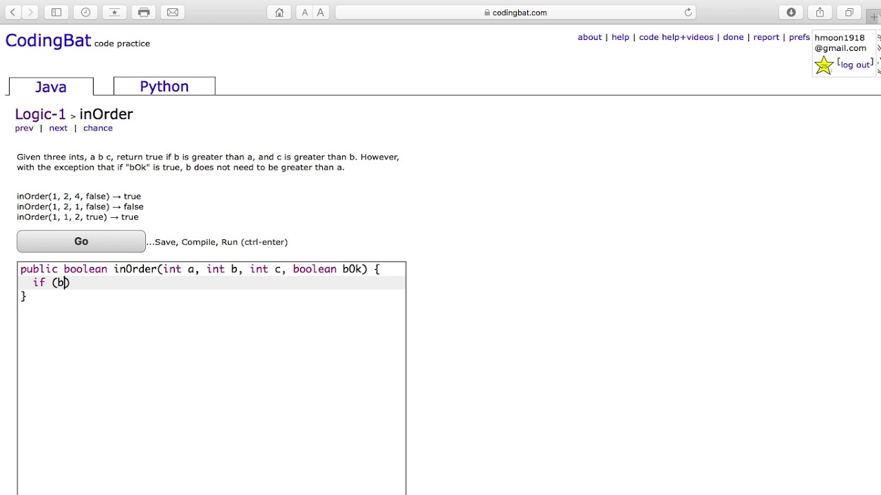 Logic 1 (inOrder) Java Tutorial || codingbat com