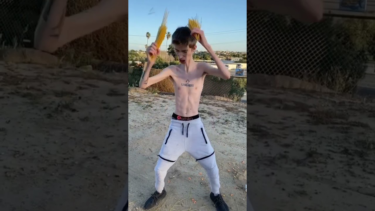 very thin guy finally breaks spaghetti. he's so proud of himself