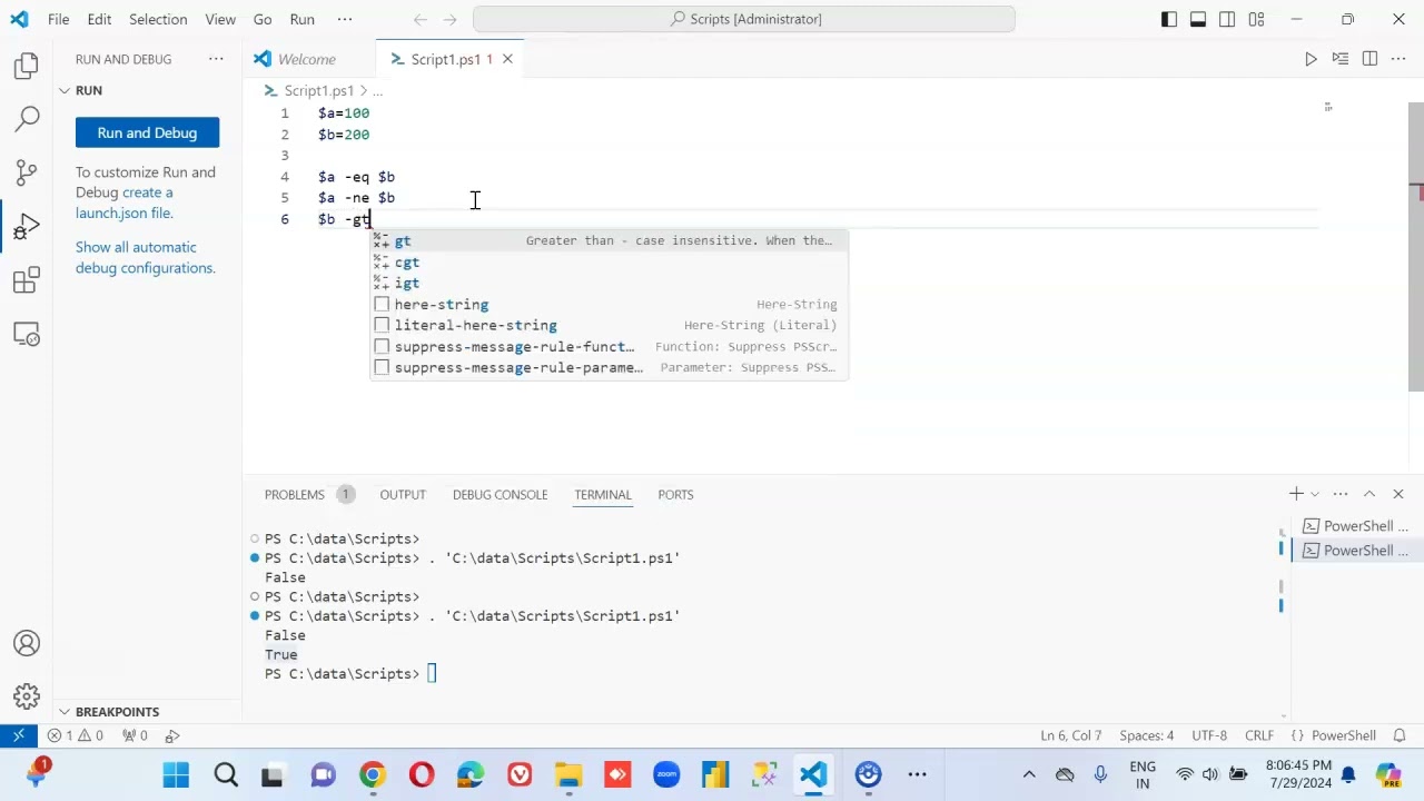 Lesson29- Comparision  -eq -ne -gt -ge -lt -le - Power Shell 1000 Videos