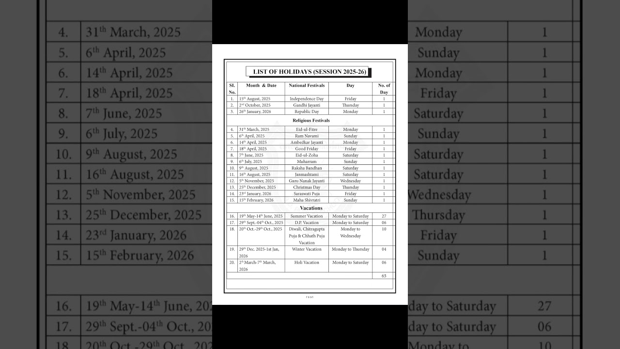 List of Schools Holidays 2025-2026