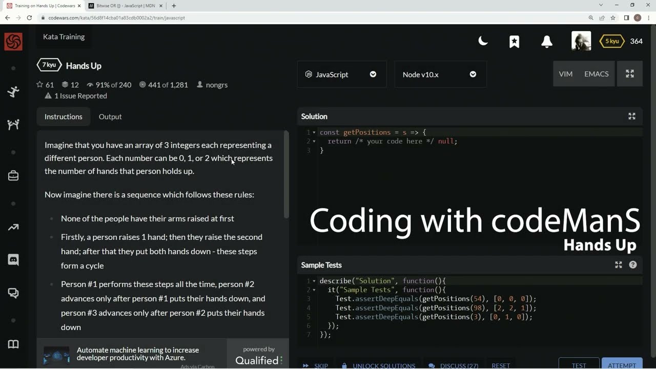 Codewars 7 kyu Hands Up JavaScript