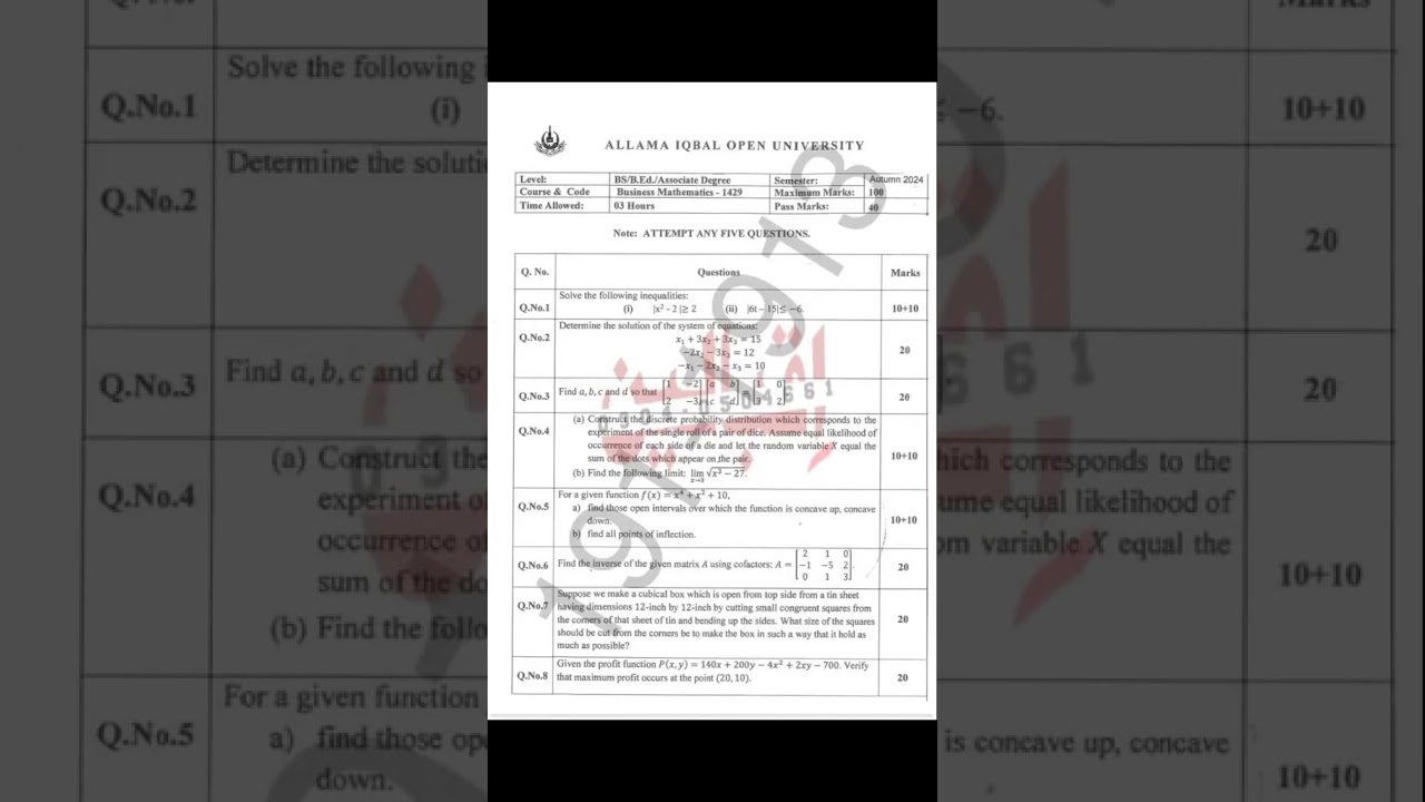 15 April 2025 BUSINESS MATHEMATICS PAPER AUTUMN 2024 #aiou #aiousolution