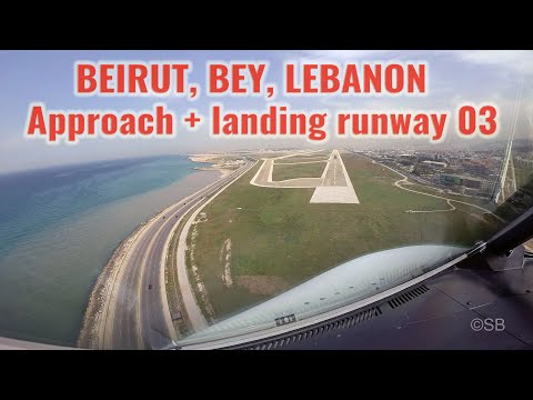 Beirut, BEY airport, Lebanon: Approach + landing on runway 03, with cockpit audio + ATIS, 4k