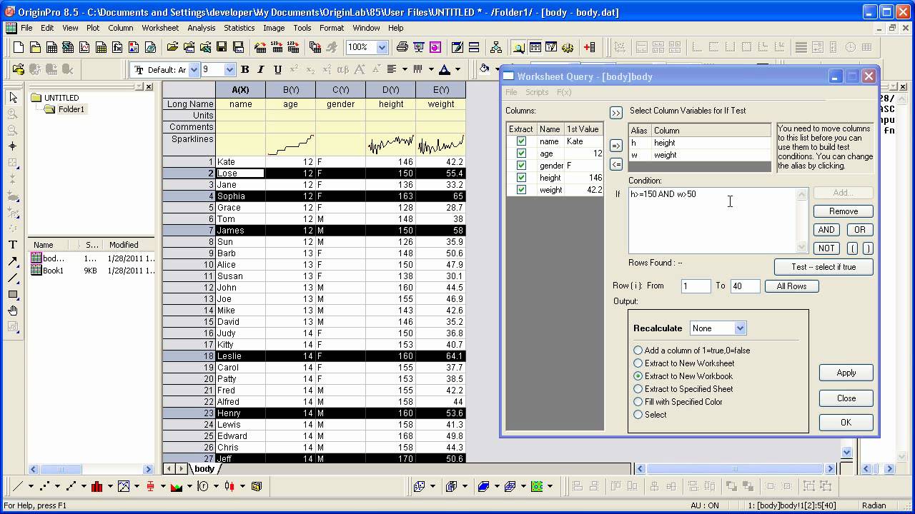 Data Management: Origin: Worksheet Query Dialog