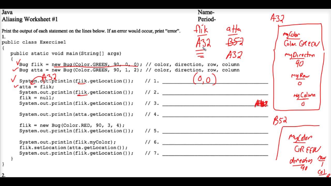 Java Aliasing Worksheet 1