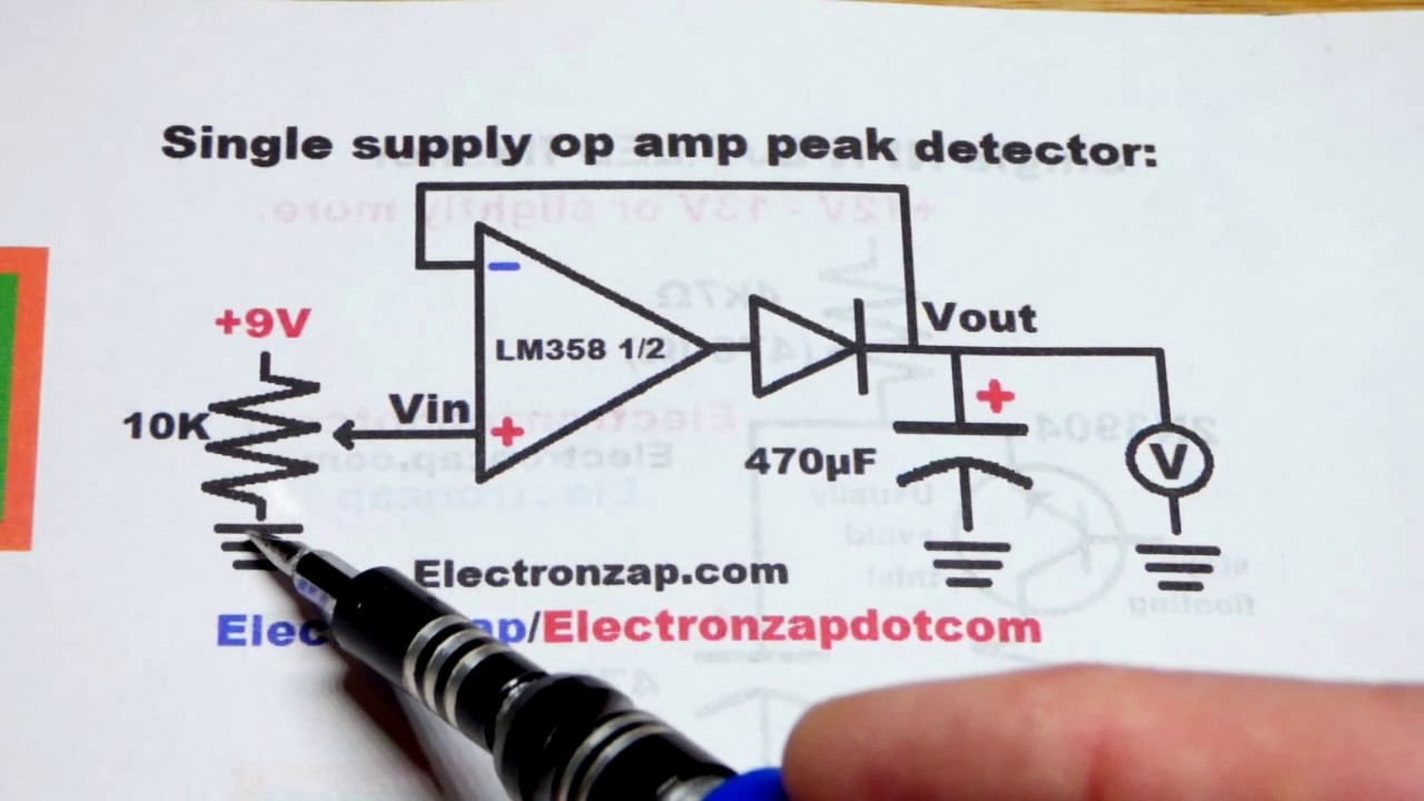 LM358 single supply op amp voltage peak detector electronics circuit how to DIY tutorial
