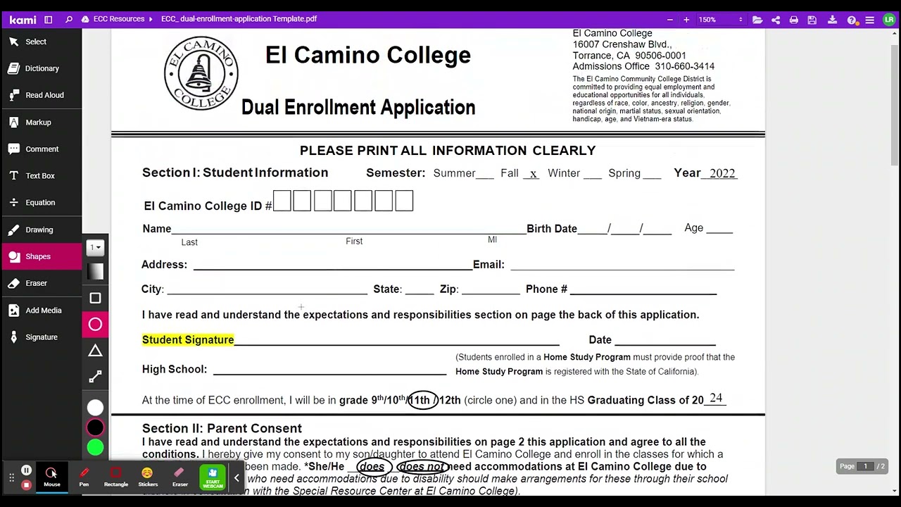 ECC  dual enrollment application Instructions pdf