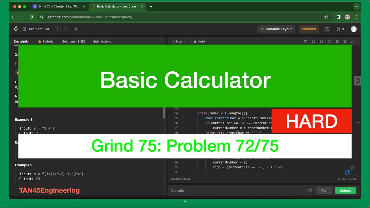 #72 Basic Calculator Problem | Leetcode - Java | Grind 75: Coding Series