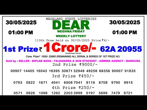 Dear lottery sambad morning 1pm 30/05/25 Nagaland lottery result