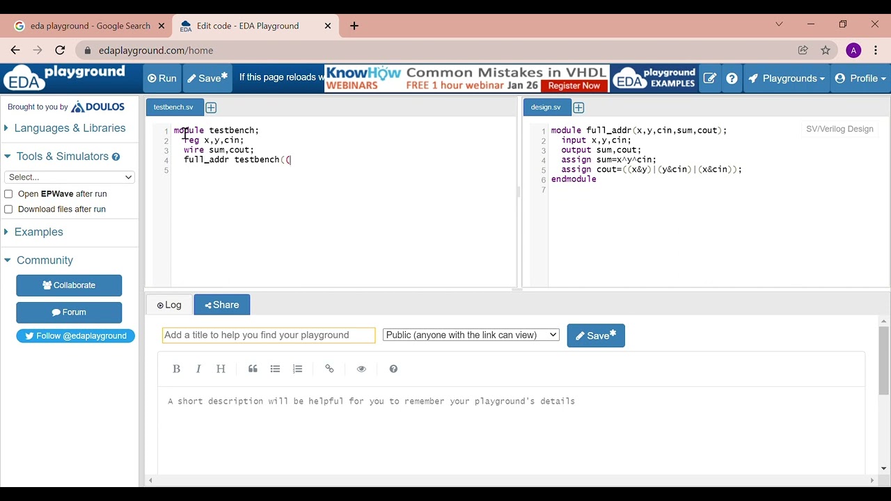 Verilog code for Full adder (Data flow Modelling) EDA Playground