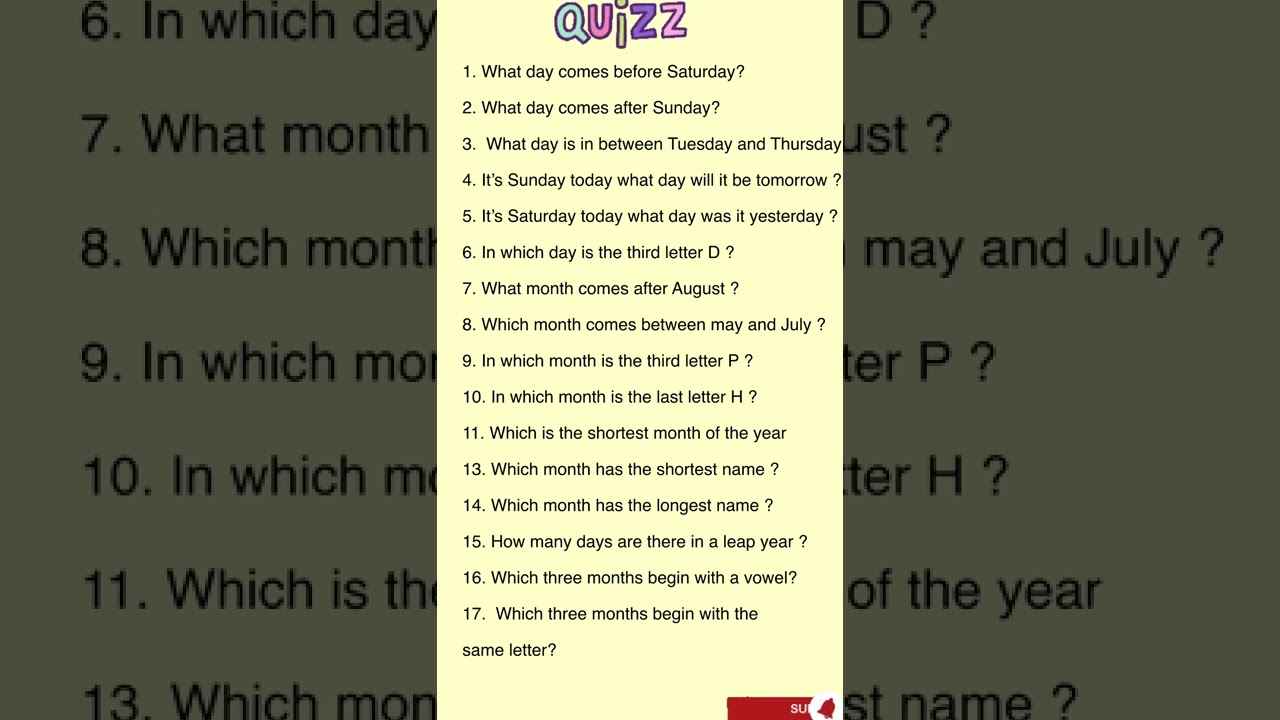 Quiz on Calendar / Calendar for grade 2 maths / Grade 2 Maths worksheet #worksheets #maths