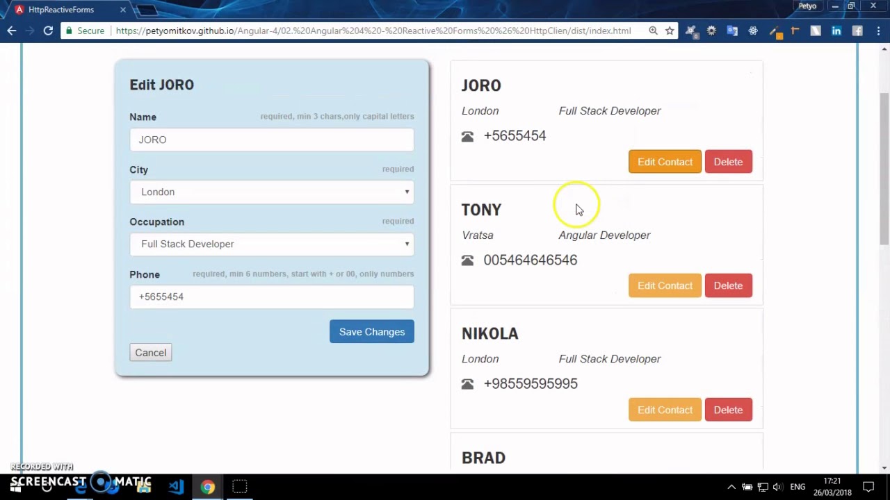 Demo ReactiveForms, Angular 4,  Firebase CRUD