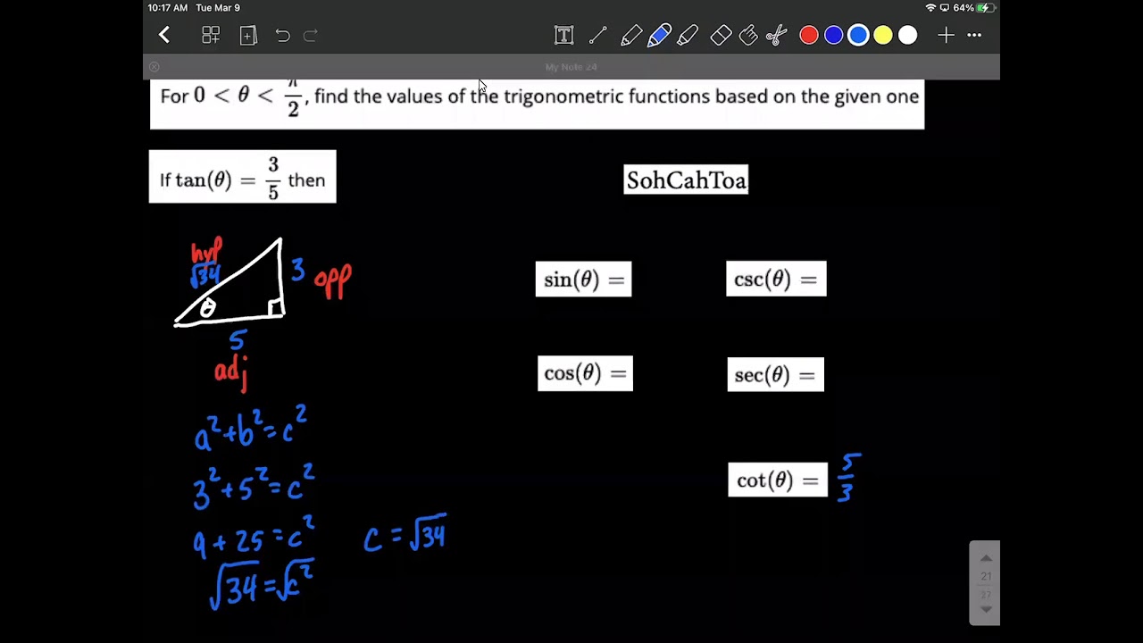 Find other five trig ratios when given tangent (tan) by using right triangle