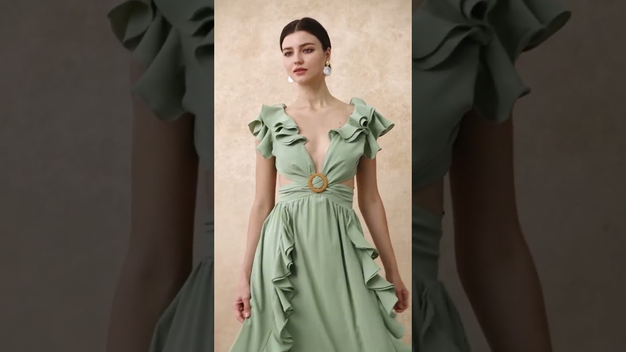 Cascade Ruffle O-Ring Tie-Back Maxi Dress in Pea Green