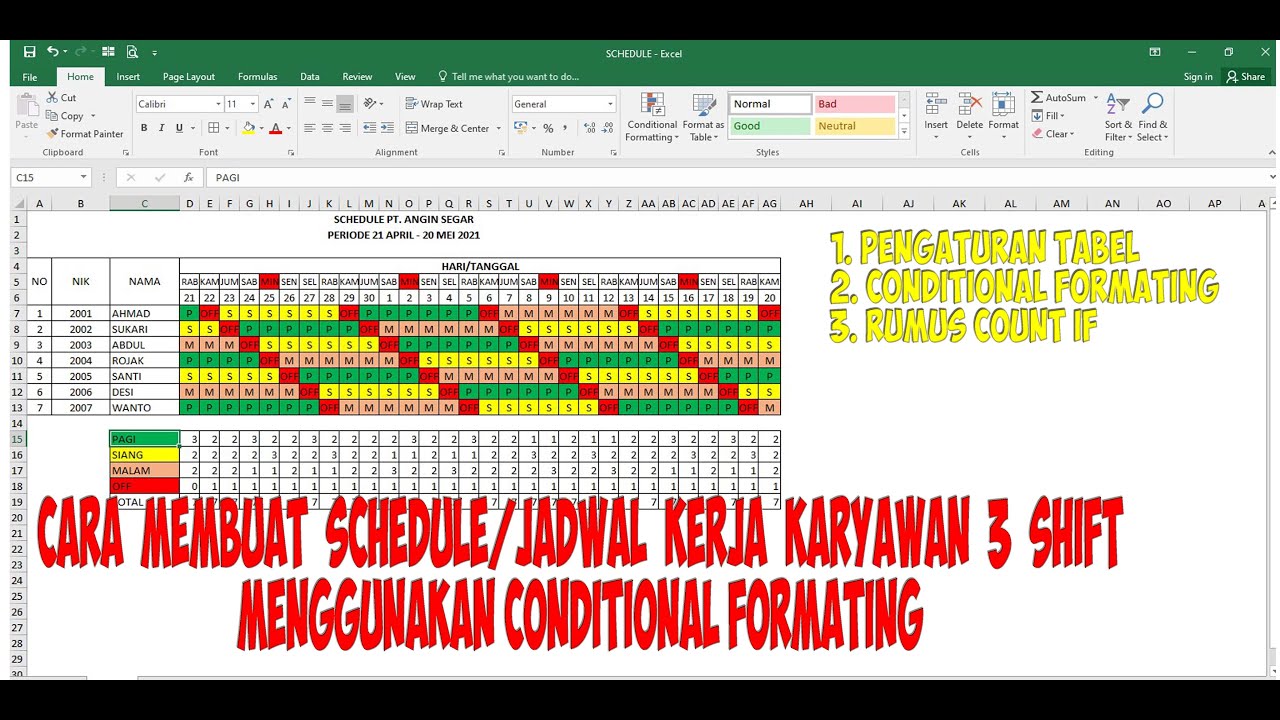 MEMBUAT SCHEDULE KERJA SHIFT DENGAN CONDITIONAL FORMATTING || COUNTIF || PENGATURAN TABEL