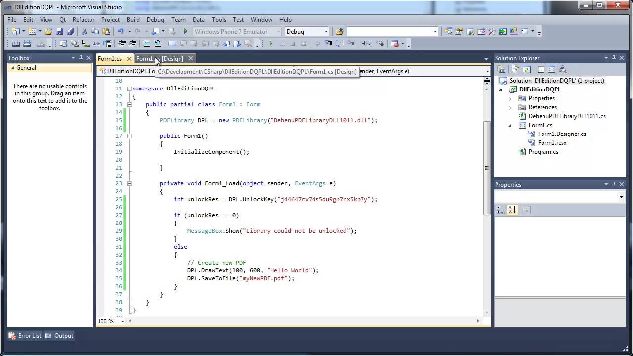 C#, Visual Studio and the DLL Edition of Debenu Quick PDF Library