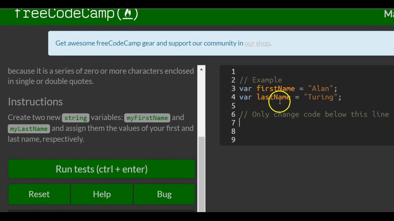 Declare String Variables, freeCodeCamp Basic Javascript