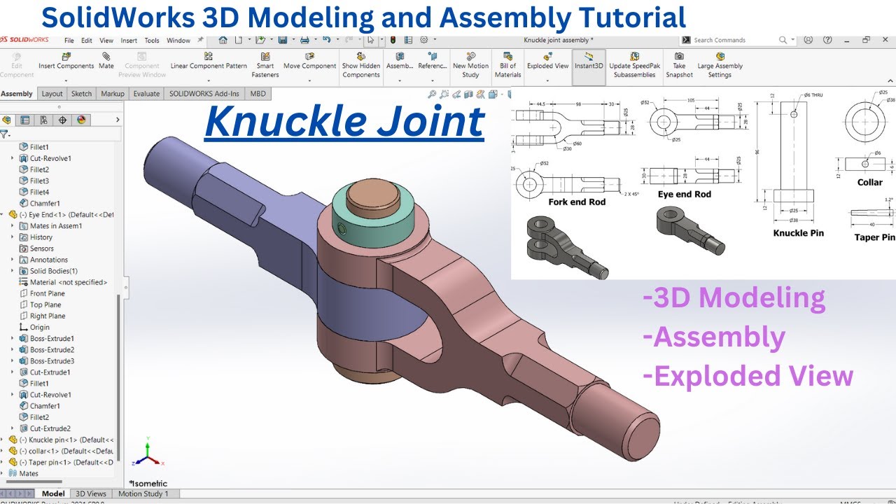 SolidWorks 3D Modeling & Assembly Tutorial: Knuckle joint 3D, Assembly, & Exploded View