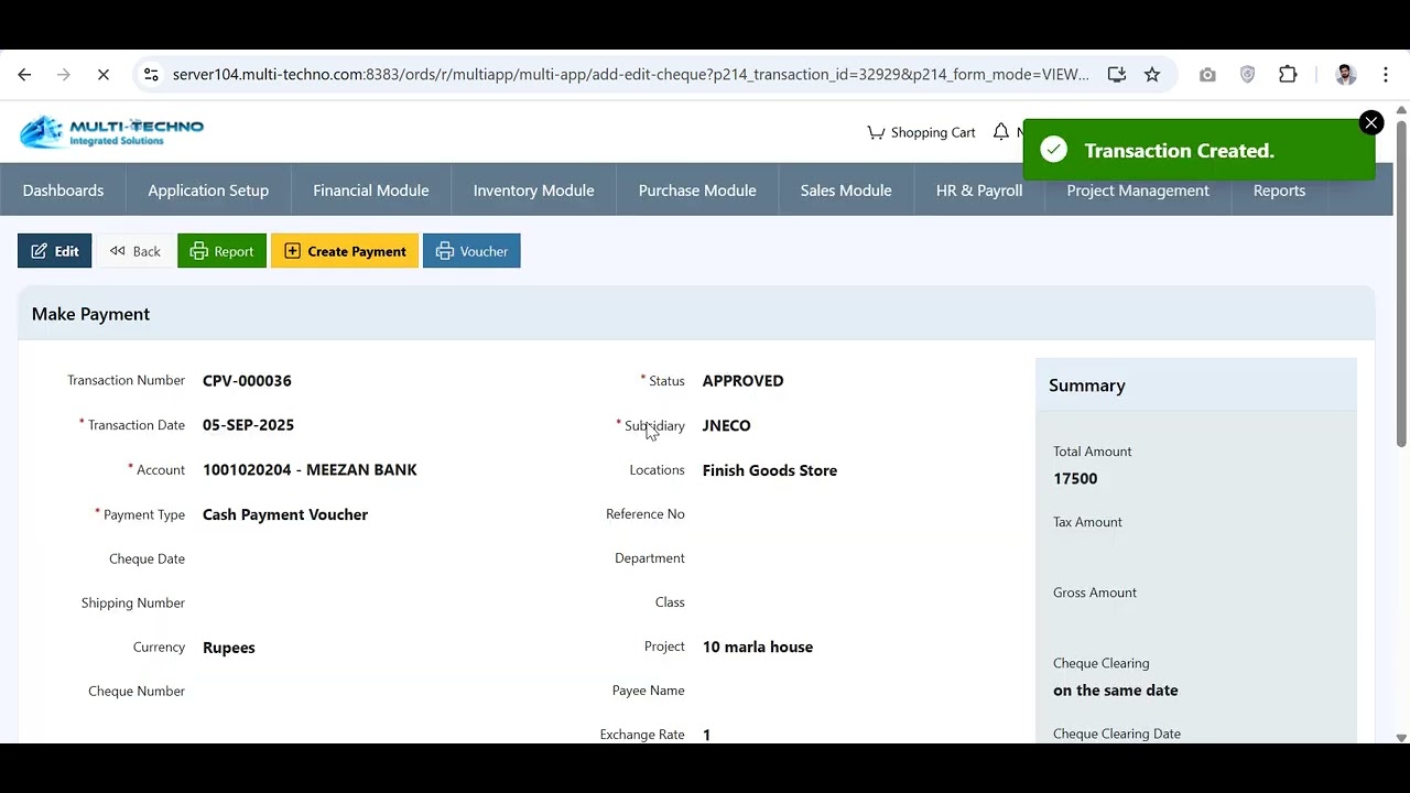 Project Management demo of Multi Techno ERP Software