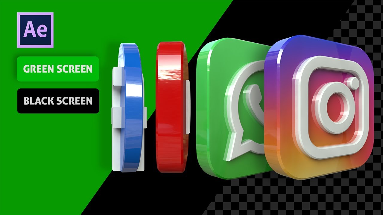 SOCIAL MEDIA ICONS 3D ANIMATED GLOSSY VERSION BLACK SCREEN GREEN SCREEN