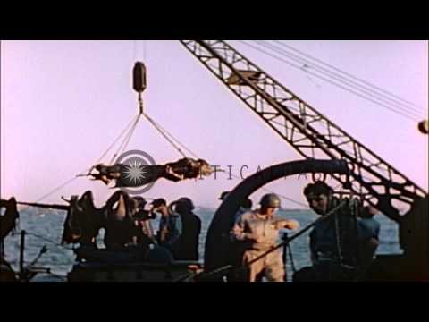 Wounded soldiers are hoisted aboard a LCVP (Landing Craft Vehicle Personnel) with...HD Stock Footage