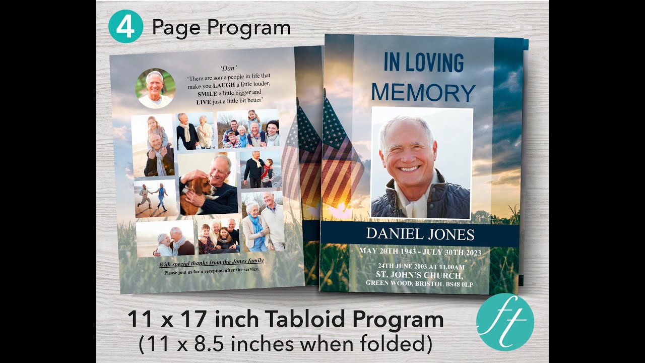 4 Page Military Funeral Program Template (11x17 inches)
