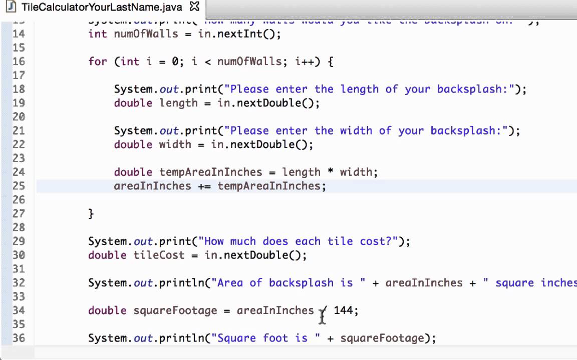 Tile Calculator - Java for loop