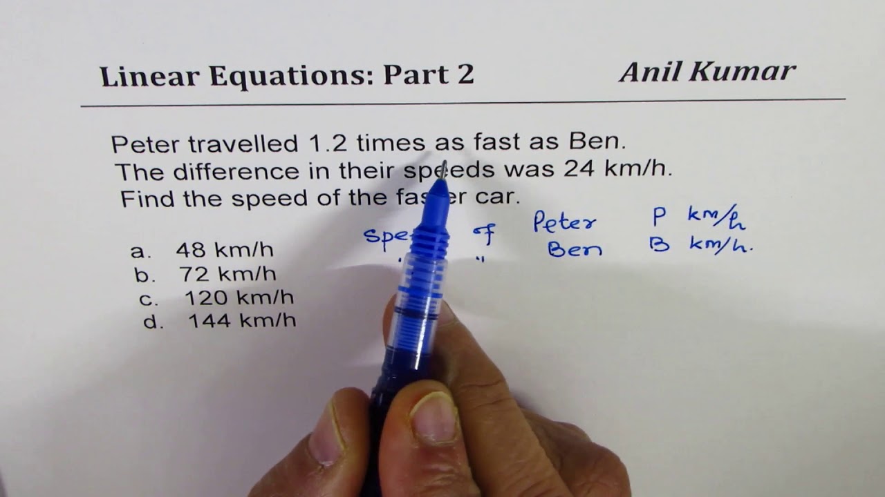 Algebraic Linear Equation to Find Speed of Faster Car