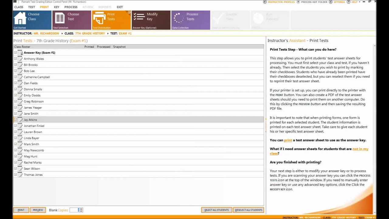 Remark Test Grading Edition Interface: Print Test: Printing Test Answer Sheets