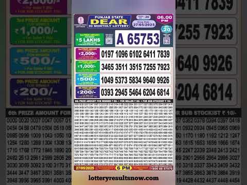 Punjab State Dear 20 Monthly Lottery 27-05-2025 At 6:00 PM Result Declared