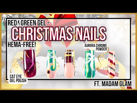 Christmas Gel Nails: Red Cat Eye Gel & Green Aurora Chrome Holiday Nail Art Ft. Madam Glam
