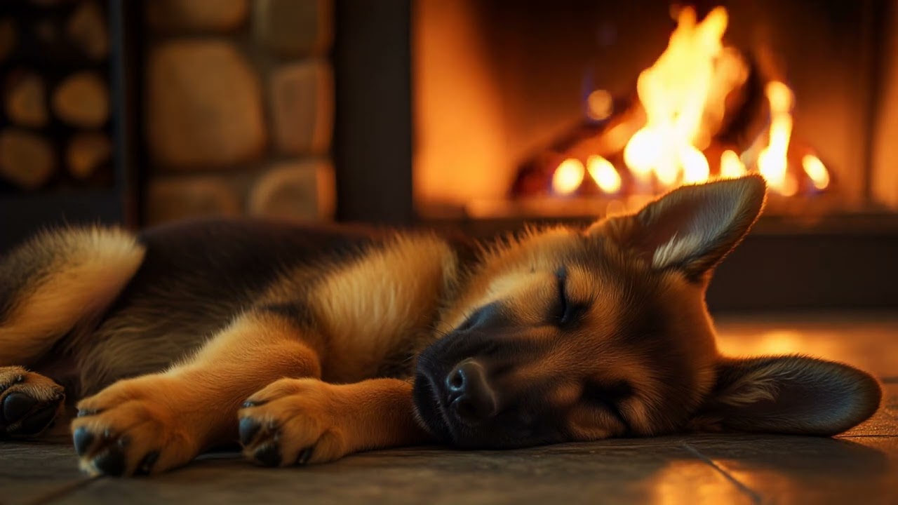 Cozy Fireplace - Sleeping German Shepherd Puppy 🐶🔥 | 10 Hours of Relaxing Crackling Fire Sounds