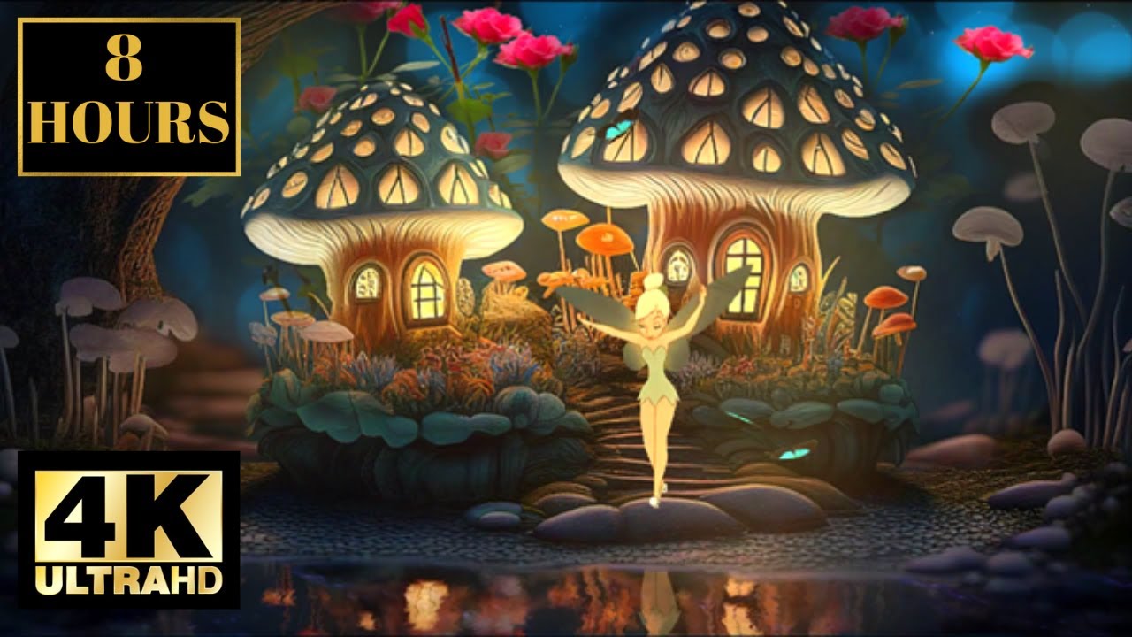 Watch Tinker Bell Dancing In The Magic Forest With Mushroom Houses Wallpaper And Relaxing Music 4K