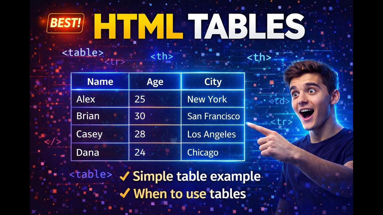 🎬 7. HTML Tables Explained (table, tr, td, th) | Beginner Tutorial + Example
