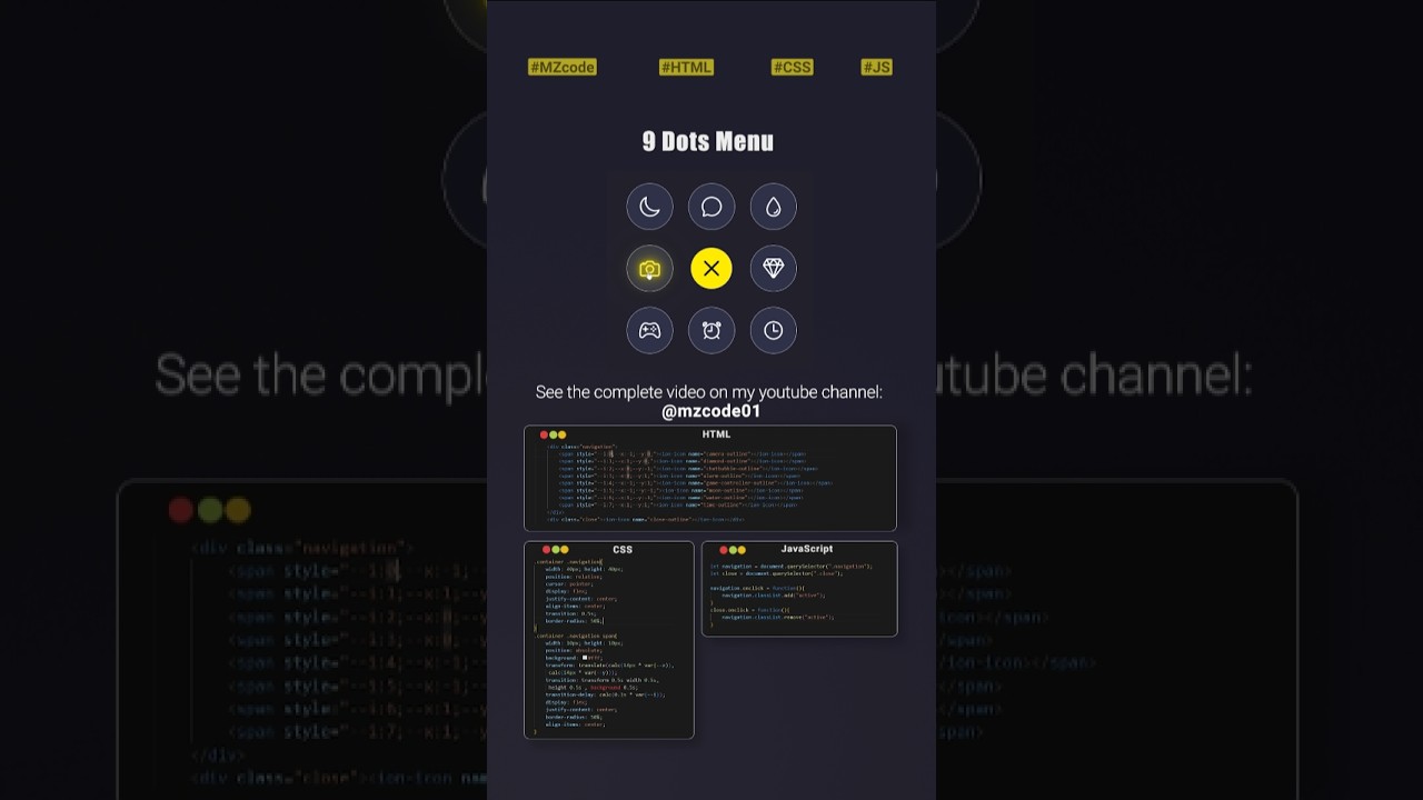 🌀 9 Dots Navigation Menu Tutorial |  HTML, CSS & JavaScript | MZCode01 #css #shorts #coding