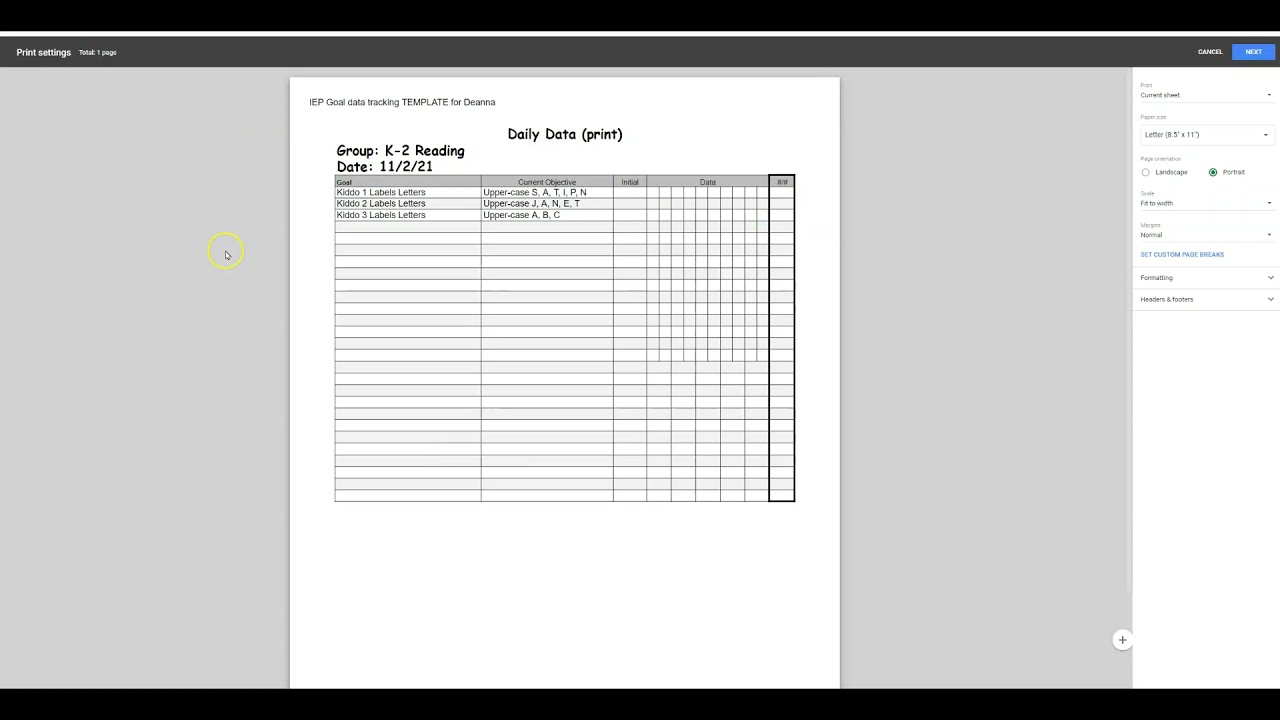 Google Sheets IEP Data Collection explanation