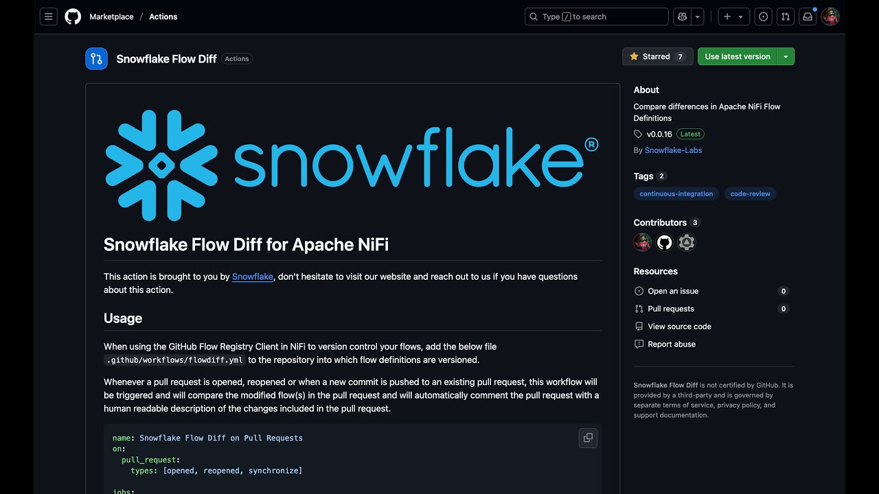 Snowflake Flow Diff GitHub action for Apache NiFi