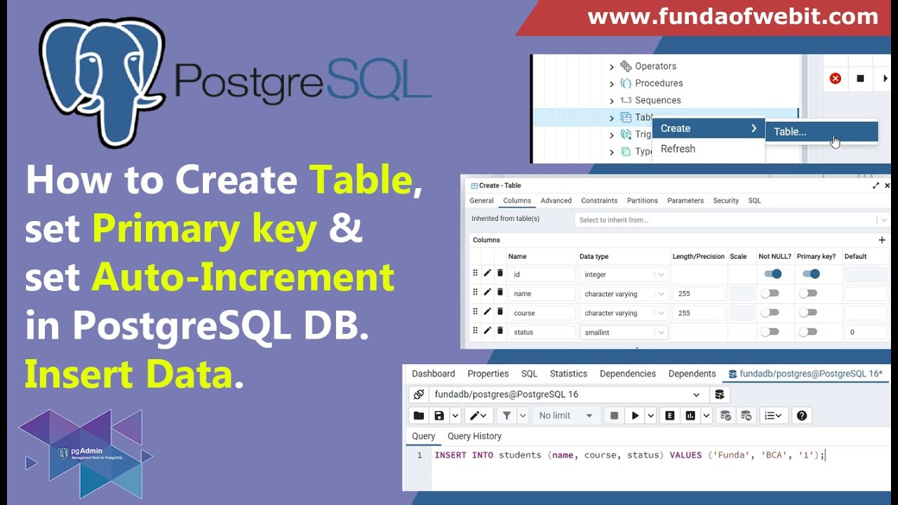 How to Create Table in PostgreSQL | Create Table, set Primary key & Auto-Increment in PostgreSQL DB