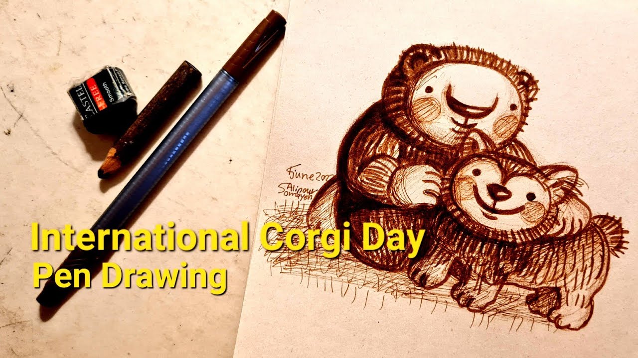 Corgi Day Drawing/ How to draw cute corgi with bear friend/Dog Drawing#shorts #corgidog #howtodraw