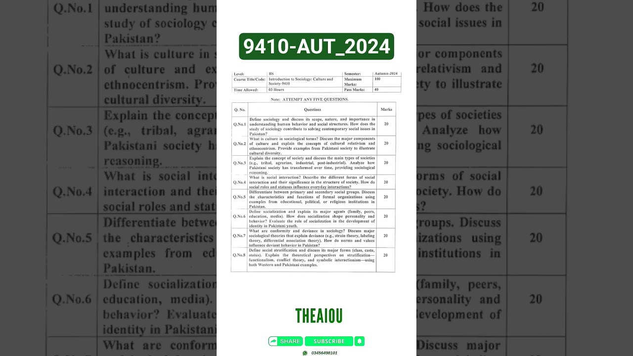 9410 Past paper| Sociology Past paper of Autumn 2024 Aiou 9410 Past paper | #9410 #aiou #9410aiou